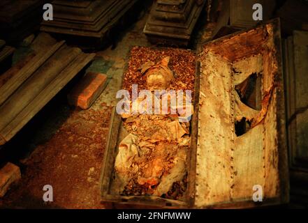 mummified corpse of a child in a coffin in the crypt under the ...