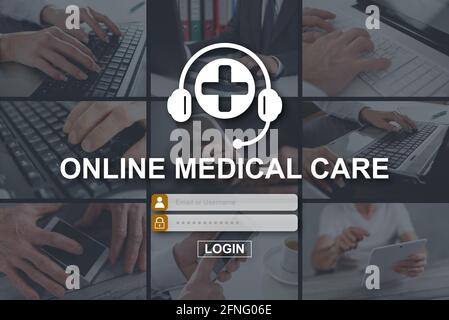 Online medical care concept illustrated by pictures on background Stock ...
