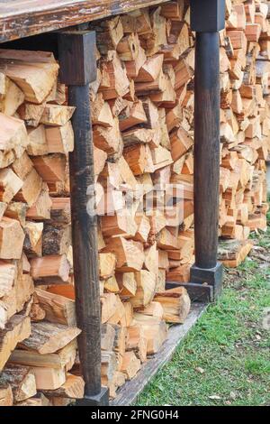 A vertical shot of logs stacked in a pile Stock Photo - Alamy