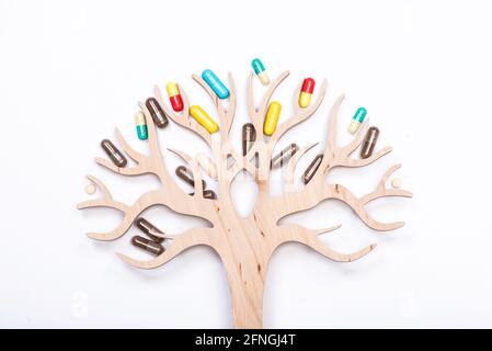 Tree of life. Wooden tree decorated with assorted pills. Medical ...