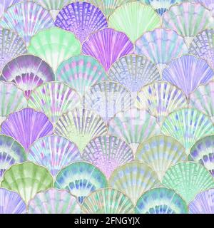 Watercolor sea shell japanese waves seamless pattern. Hand drawn ...