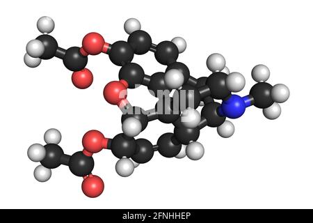 Heroin, diamorphine. Chemical formula, molecular structure. 3D ...