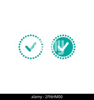 Valid Seal icons set. Blue and green circles with tick and shadow. Flat ...