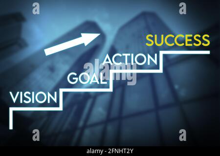 Vision, goal, strategy, action, success - words on metal blocks - 3D ...