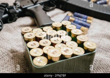Hunting cartridges in a plastic box. Bullet storage box Stock Photo - Alamy