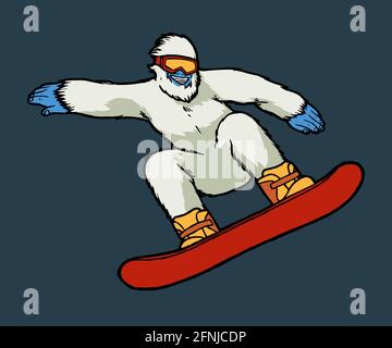 Bigfoot snowboarding. Yeti riding snowboard. Winter sports snowman ...