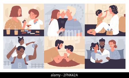 Parents hugging son. Mom and dad embracing their child and talking to ...