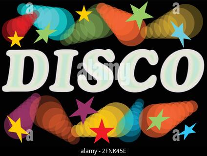 Disco billboard with neon swirl and music symbols in rainbow colors ...