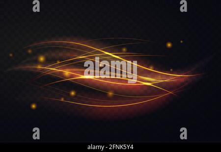 Transparent light effect. Golden particles, glowing bokeh lights isolated on dark background ...