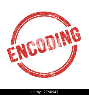 ENCODING text written on red grungy zig zag borders round stamp Stock ...