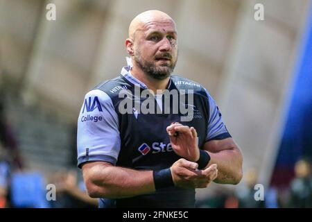 Carl Fearns of Newcastle Falcons thanks the fans after the full-time ...