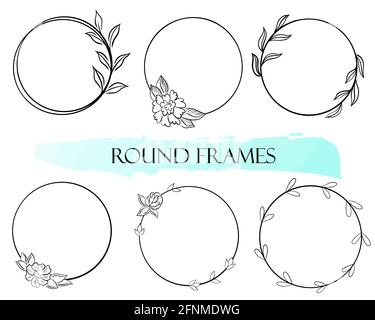 Set of simple round frames with flowers and leaves. Vector. Circular frames with floral elements ...