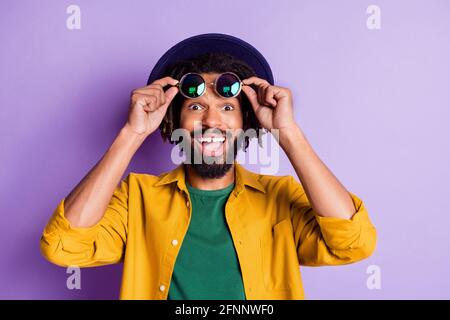 Portrait of impressed positive dark skin lady wear 3d glasses open ...