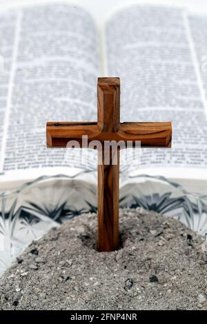 Ashes, cross and bible. Ash Wednesday celebration. Lent season Stock ...