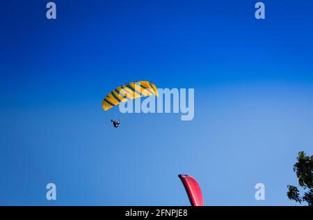 Multicolored paragliders flying against the blue sky Stock Photo - Alamy