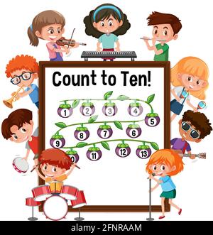 Count to ten number board with many kids cartoon character illustration ...
