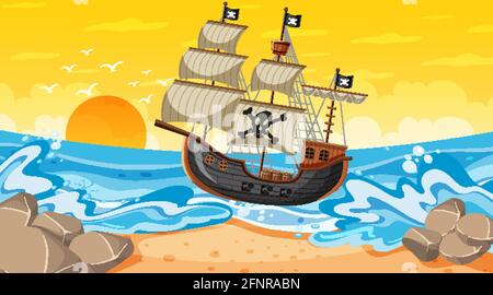 Beach with Pirate ship at sunset scene in cartoon style illustration ...