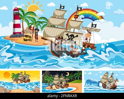 Four different beach scenes with pirate ship illustration Stock Vector ...