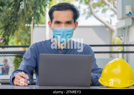 Businessman wear face mask protect covid19 coronavirus work by computer ...