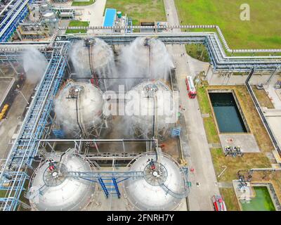 A fire drill of the leakage of butadiene spherical tank is held in ...