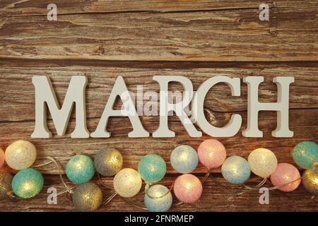 Happy March alphabet letter with LED Cotton ball Decoration on yellow ...