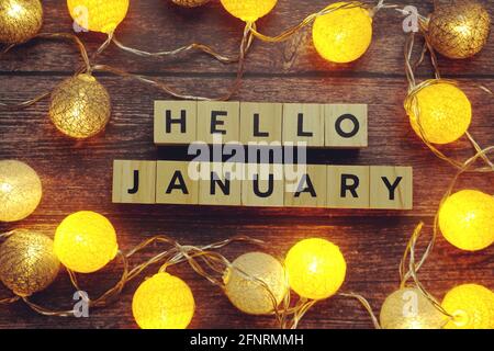 Hello January alphabet letter with LED Cotton ball Decoration on yellow ...