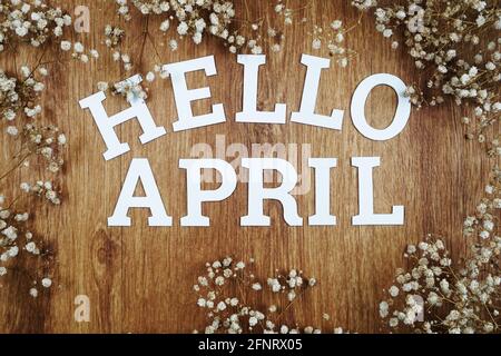 Hello April Alphabet Letters with dried flower on wooden background ...