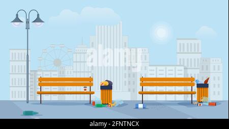 Dirty park or garden with garbage on paths and lawn. Vector cartoon ...