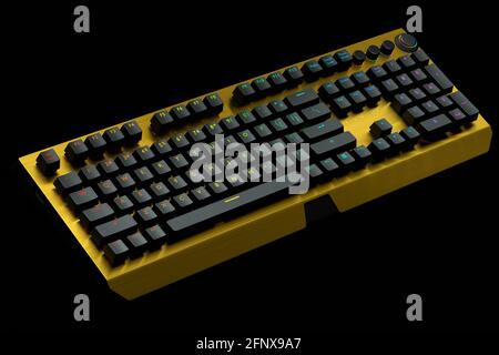 Yellow computer keyboard with rgb colors isolated on black background ...