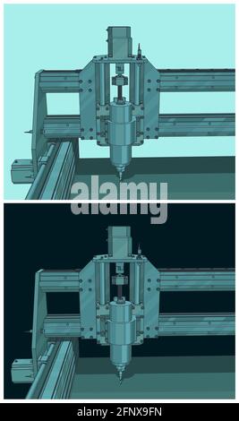 Stylized vector illustrations of automated CNC machine for 3D carving isometric drawings Stock ...