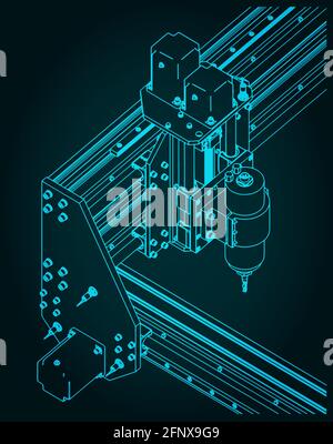 Stylized vector illustrations of automated CNC machine for 3D carving isometric drawings Stock ...