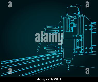 Stylized vector illustrations of automated CNC machine for 3D carving isometric drawings Stock ...