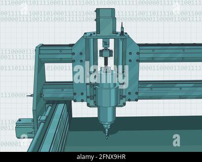 Stylized vector illustrations of automated CNC machine for 3D carving isometric drawings Stock ...