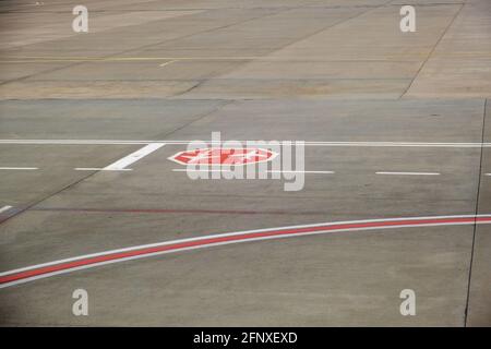 sign markings on taxiway for airplane direction at airport Stock Photo ...