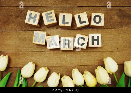 Hello March alphabet letters on colorful stripes background Stock Photo ...
