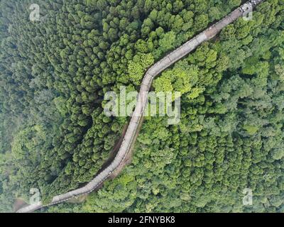 The bird view of ancient Jinlong Great Wall in deep mountain in Chengdu ...