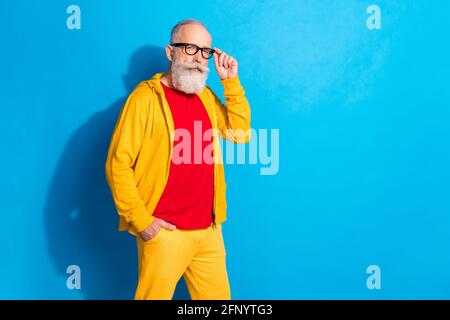 Photo of cool serious freelancer wear eyeglasses creating new it ...