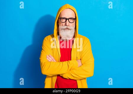 Photo of cool serious freelancer wear eyeglasses creating new it ...