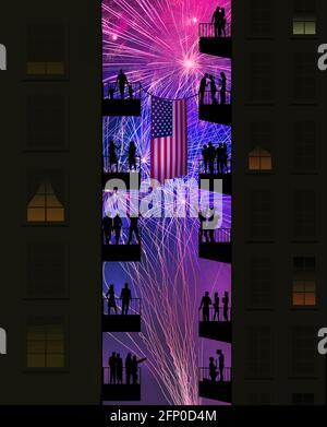 People on their balconies on two high rise apartment buildings watch ...