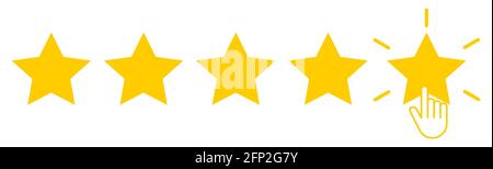Five yellow stars with clicking hand. Customer feedback 5 stars scale ...