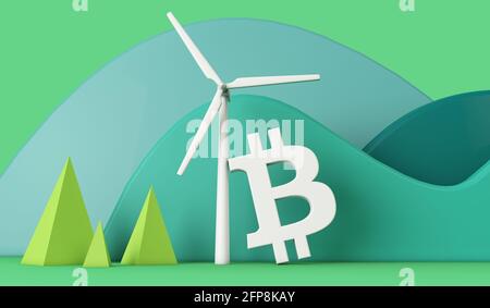 Bitcoin with a wind turbine in a green eco landscape. 3D Rendering ...