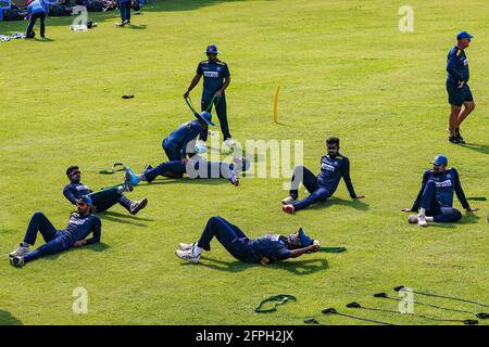Sri Lankan cricketers stretch during a training session at the Sher-e ...