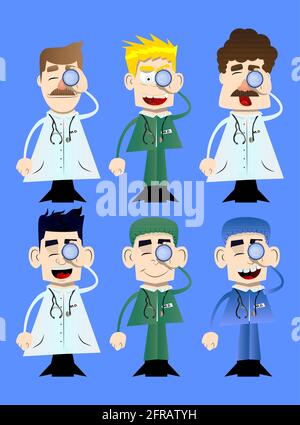 Funny cartoon doctor holding binoculars in his hand. Vector ...