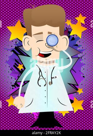 Funny cartoon doctor holding binoculars in his hand. Vector ...