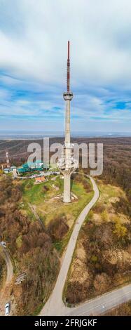 An aerial view of the Avala tower on Avala Mountain in Belgrade, Serbia ...