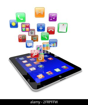 3D tablet pc with apps icons interface - isolated on white with ...