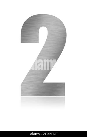 Gray brushed metal number two 2 isolated on white background. 3D render ...
