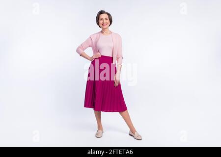 Full size photo of adorable lovely positive lady walking have good mood ...