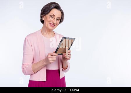 Photo of dreamy pretty girl dressed white blouse arm chin looking empty ...