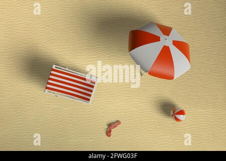 Beach chair with umbrella and beach ball on blue background Stock Photo ...